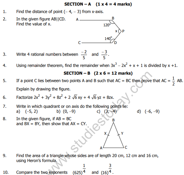 CBSE Class 9 Mathematics Sample Paper Set G CBSE Class 9 Mathematics Sample Paper Set G